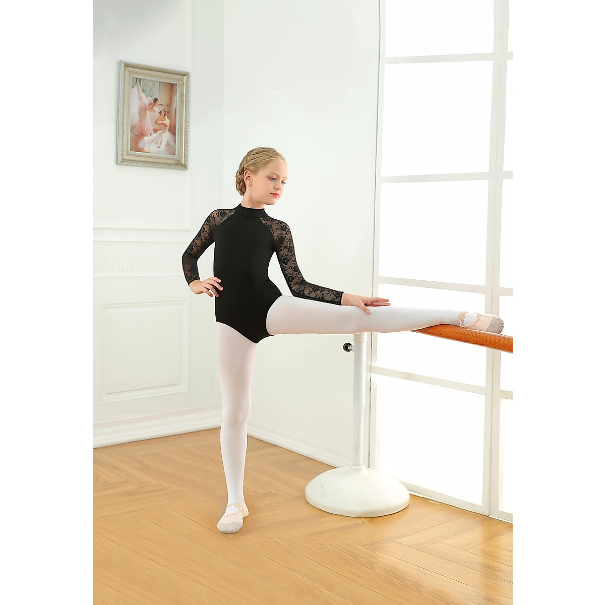 MOLLDAN Girls Dance Ballet Leotard with Lace Long Sleeves Kids Turtle Neck Dancewear,Hollow Back(QT6029-06-XXL)