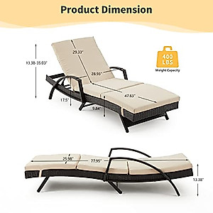RYNSTO Patio Lounge Chair Rattan Chaise Lounge Chair with Adjustable Backrest Thickened Cushion, PE Rattan Steel Frame Outdoor Reclining Chaise for Patio Backyard Porch Garden Poolside, Khaki