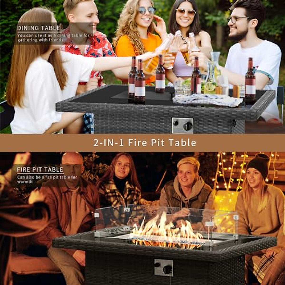 High-Craft 43'' Rectangular Patio Propane Fire Pit Table Gray PE Wicker 55,000 BTU H-Burner Dural Heating Outdoor Firepits 8mm Glass Top & Aluminum Frame Anti-Rust with Cover & Windguard