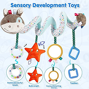 XIXILAND Car Seat Toys for Babies 0-6 Months, Baby Toys 0-6 Months Stroller Toys Infant Toys 0-3 Months, Newborn Toys 0 3 Months Brain Development Crib Toys Hanging Toys with Mirror Rattles Teether