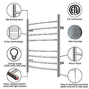 HEATGENE Towel Warmer 8 Bar Plug-in Curved Bath Towel Heater Towel Warmer for Bathroom Plug-in Drying Rack Mirror Polish