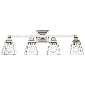Regency Hill Mencino Mid Century Modern Wall Light Satin Nickel Silver Metal Hardwired 28" Wide 4-Light Fixture Clear Glass Cone Shade for Bathroom Vanity Mirror House Home Room Decor