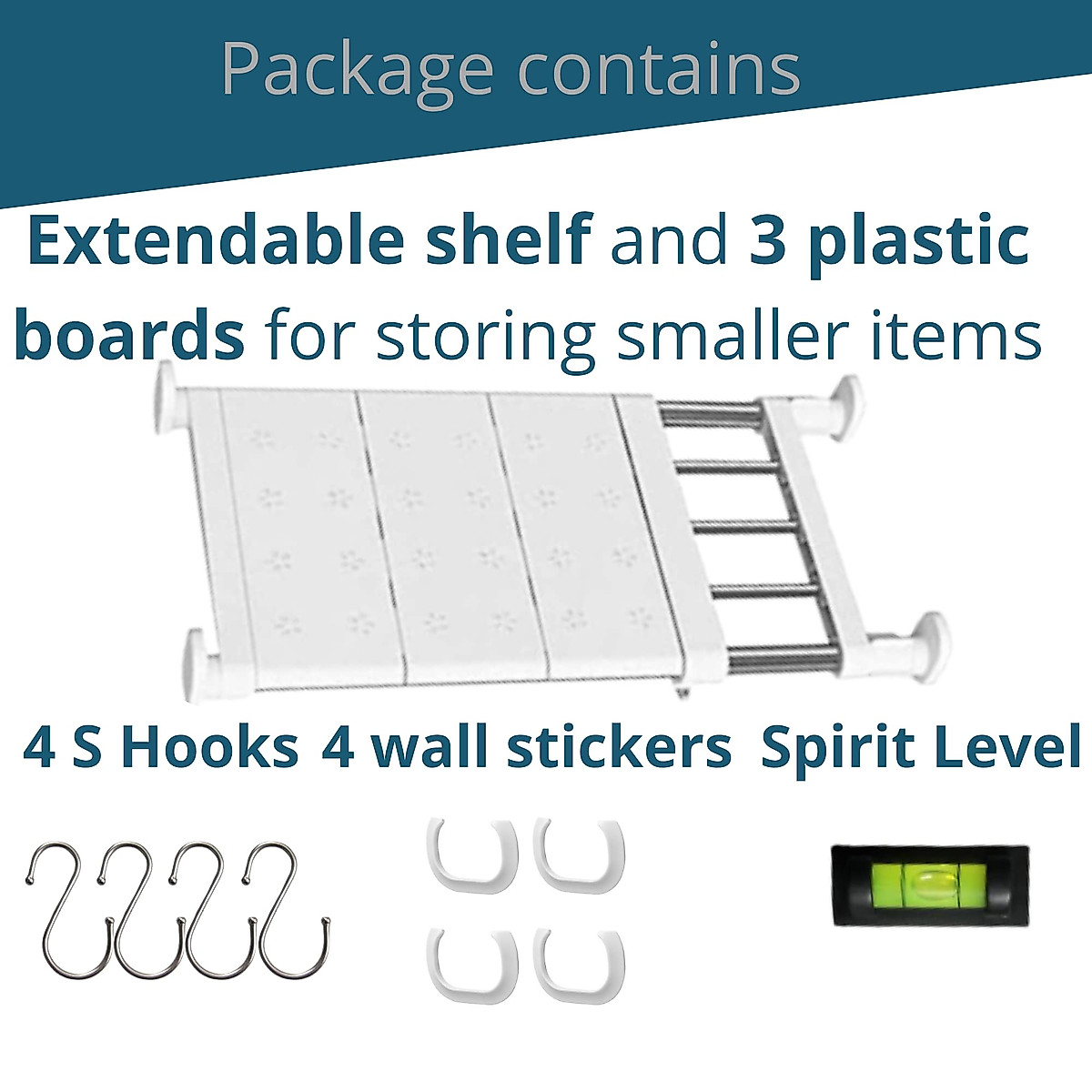 Juwell Tension Rod Shelf, Expandable Closet Tension Shelf with Auxiliary Stickers and Spirit Level, No Drilling Space Saver Racks for Kitchen Cupboard Wardrobe RV(9.45*16.5-25.6Inch)