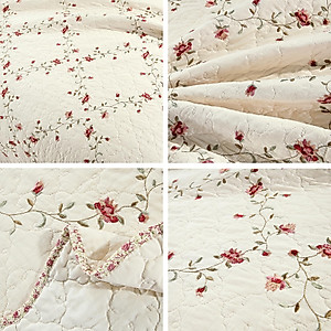 vctops 3-Piece Elegant Floral Embroidered Bedspread Coverlet Set 100% Cotton Reversible Patchwork 1 Quilt and 2 Pillow Shams Full/Queen, Flower