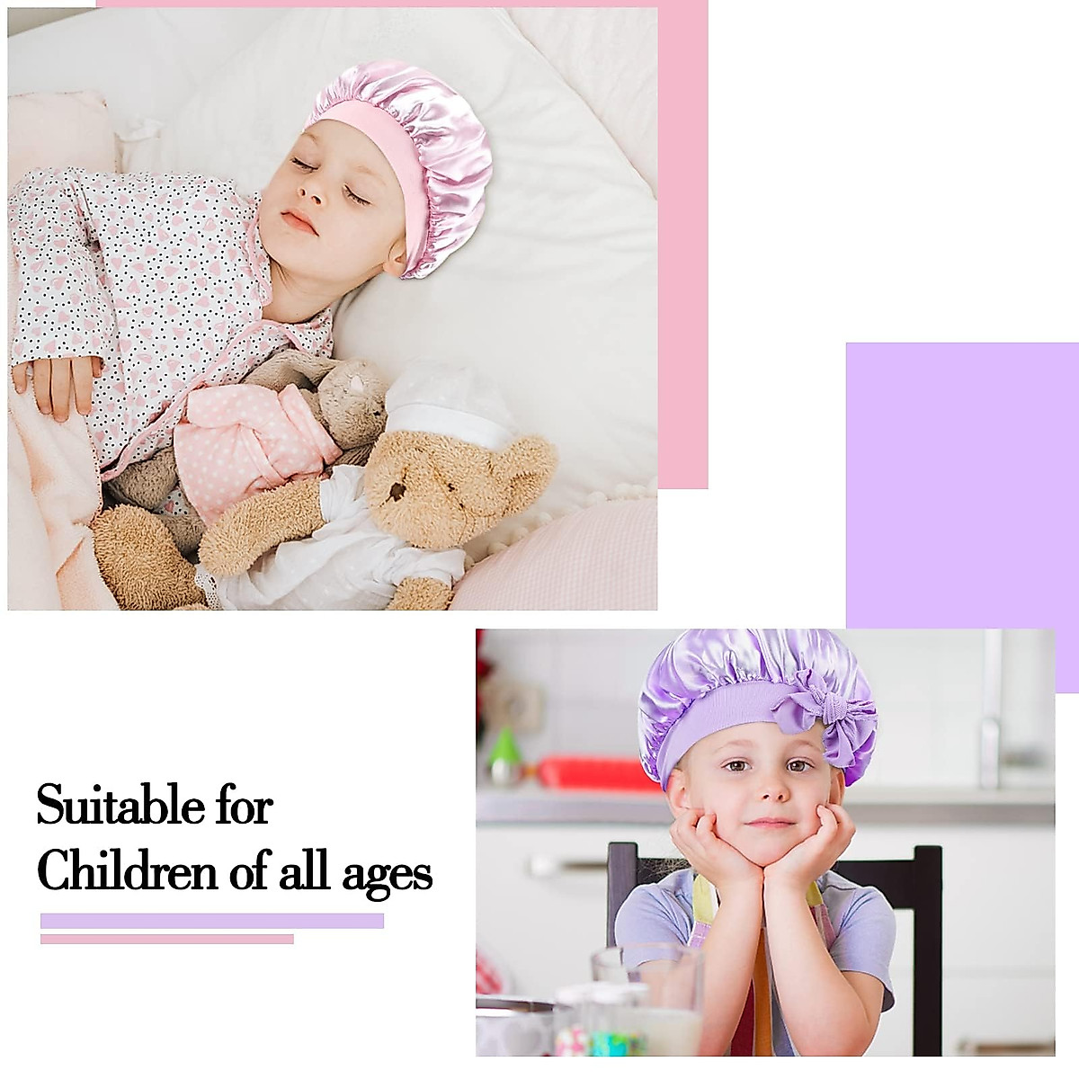 Arqumi Pack of 2 Satin Sleeping Bonnet for Kids, Soft Satin Sleep Bonnet with Elastic Strap, Adjustable Sleep Cap Hair Bonnet for Children, Pink+Purple