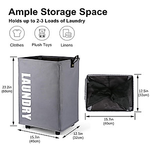 VENUSDALI Large Laundry Hamper,with Wheels Oxford Fabric Leather Handle,water Proof Folding Washing Bin,for Bedroom, Laundry Room, Closet, Bathroom, College, Dark Grey (Bark grey)