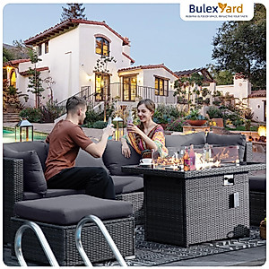 BULEXYARD Grey PE Wicker Patio Furniture Sectional Conversation Sofa Set with 43" Propane/Natural Gas Fire Pit Table, Large Size High Back Outdoor Furniture Set with Fireplace(7Pcs, Dark Grey)