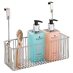 mDesign Metal Over Cabinet Bathroom Storage Organizer Holder or Basket - Hang Over Cabinet Doors - Holds Shampoo, Conditioner, Body Wash - Strong Steel Wire - Satin
