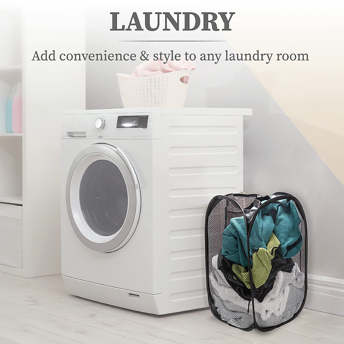 BROOKSTONE, 2 Pack, Compact Foldable Pop Up Laundry Hamper, Super Lightweight Mesh, Collapsible Space Saving Design, Portable with Carry Strap, Breathable Materials