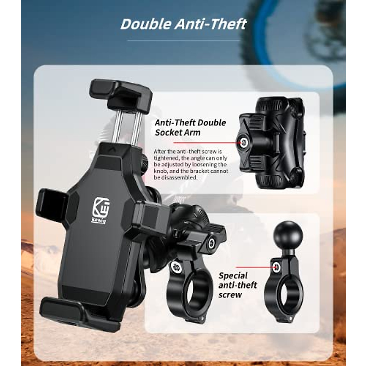 Kewig Motorcycle Phone Mount with Vibration Dampener & High-Speed Secure Lock, Newest Anti-Theft Phone Cradle Handlebar Cellphone Holder for Motorcycle Bike ATV/UTV Scooter Fit 4.7-7.2" Phone