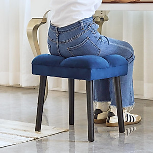 HOUCHICS Soft Vanity Stool Blue Ottoman Stool, Square Makeup Stool with Wooden Legs, Small Ottoman Stool Chair for Vanity, Modern Padded Sofa Seat Foot Rest Stool(Blue)