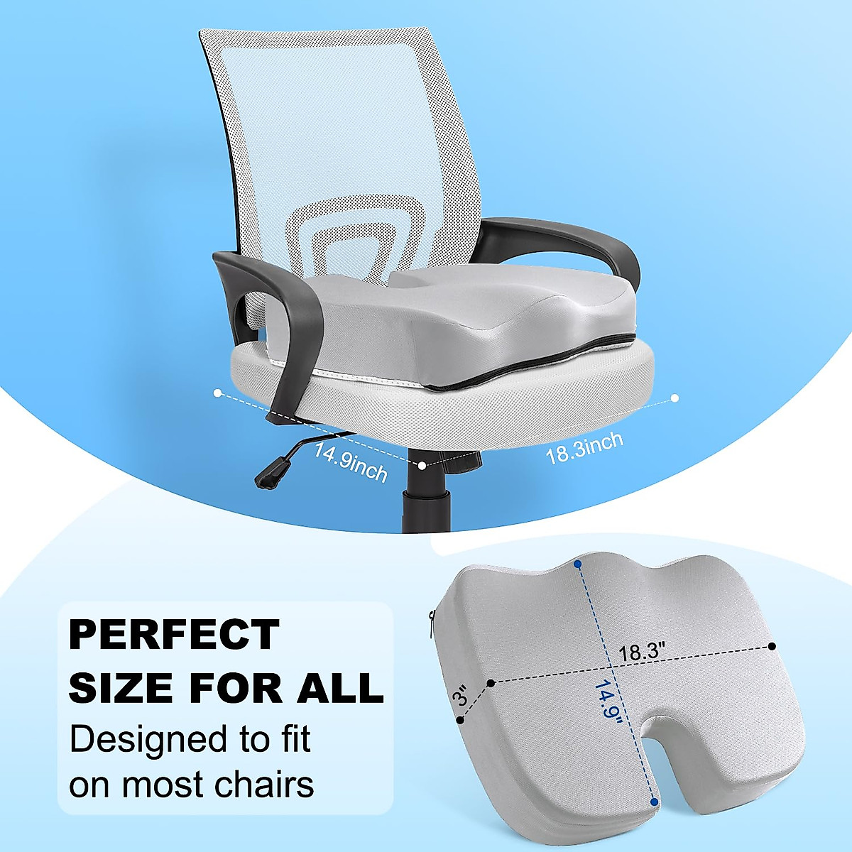 Benazcap Seat Cushion for Office Chair Cushions,Non-Slip, Sciatica & Tailbone Pain Relief Firm Coccyx Pad for Long Sitting, for Desk Chair/Car Seat/Gaming Chair/Wheelchair,Grey