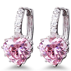 GULICX Heart shape Created Pink sapphire Cubic Zirconia Silver Tone hoops shiny earrings