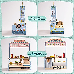 ROBOTIME Wooden Pretend Play Food Set for Kids, Hamburger Set Shop with Sandwich Counter Toys, Play Kitchen Food Toys for Toddlers Ages 3+