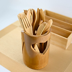 Bamboo Cutlery Reusable with Silverware Organizer, 16Pcs Bamboo Flatware Set with Bamboo Forks Spoons Knives, Reusable Bamboo Cutlery with Portable Storage Case for Home and Travel Camping Hiking