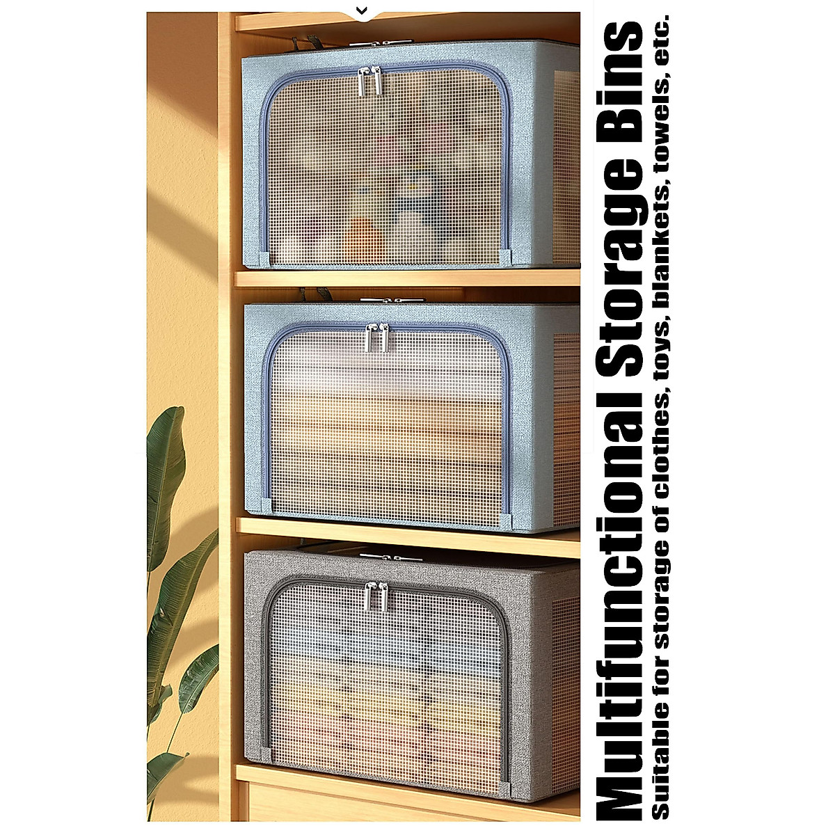 AARAINBOW Closet Clothes Organizer 4 Pcs, Stackable Storage Bins with Clear Window & Handles Steel Frame Storage Boxes with Lids Foldable Storage Container for Clothes Toys, 24L (2 Gray 2 blue)