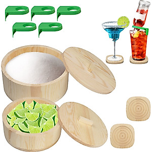 Set of 2 Wood Margarita Salt Rimmer with 2Pcs Coasters and 5Pcs Plastic Drink Clips, LASZOLA Wooden Salt Bar Sugar Rimmer with Lid for Cocktails Bottle Buckle Holders - Bar Accessories for Home Bar