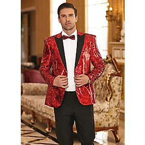 COOFANDY Mens Sequin Suit Jacket Stylish Shawl Lapel Glitter Blazer Jacket with Pockets Red