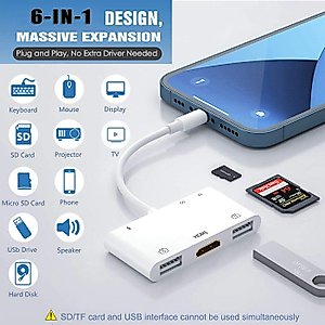 rosyclo Lightning Hub iPad Adapter, 6-in-1 Lightning to HDMI Digital AV Converter, TF & SD Card Reader, USB Camera Adapter, Power Delivery Compatible with iPhone, iPad and More USB Devices