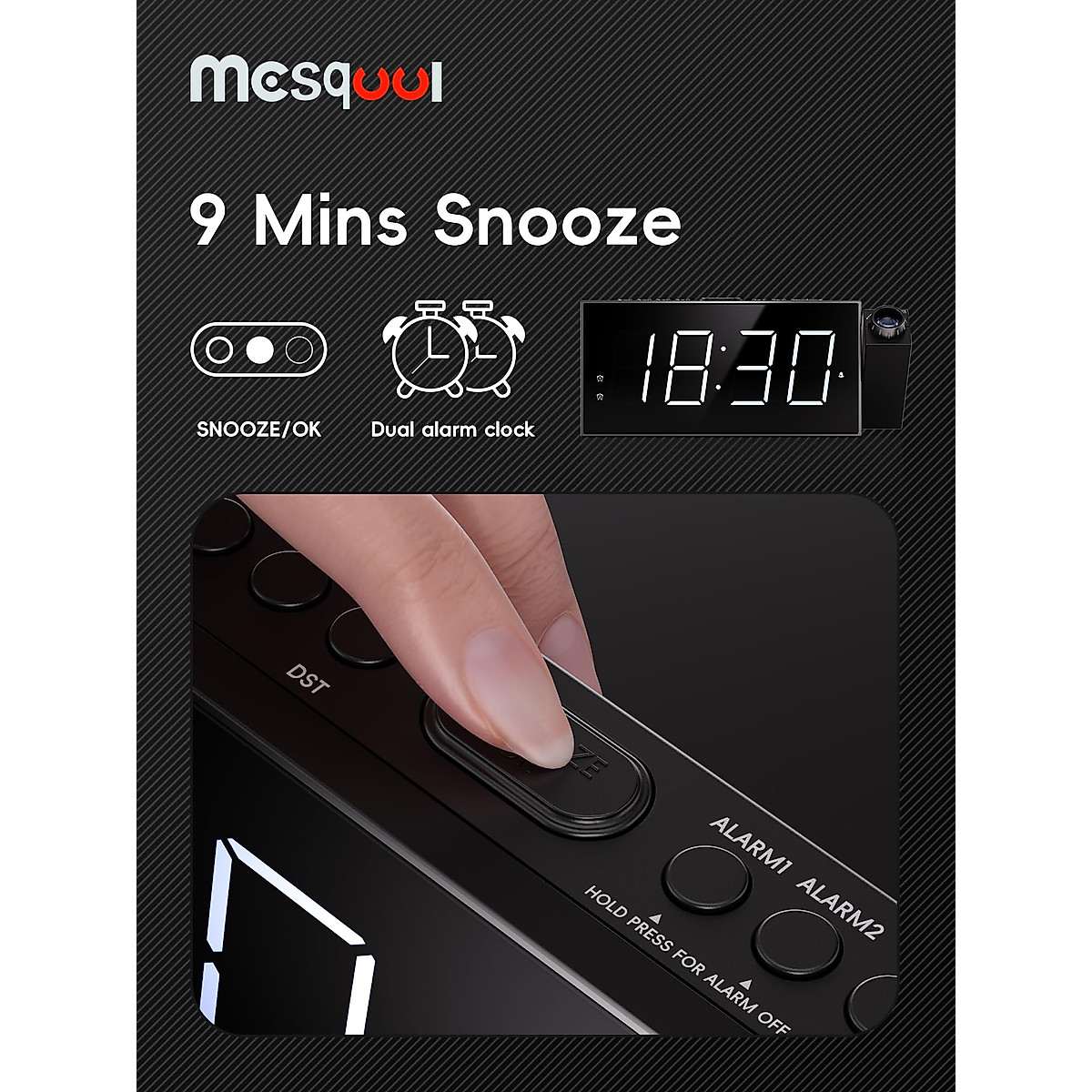 Projection Digital Alarm Clock with Bed Shaker for Bedroom, Extra Loud Alarm Clock for Heavy Sleeper, 180° Rotable Ceiling Projector Clock,2 Alarm,5 Dimmer Volume,USB Charger, Battery Backup,12/24H…