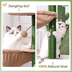MeowSir Cactus Cat Tree 34 Inches Cute Cat Tower with Padded Top Perch, Comfy Hammock, Private Condo, Fully Scratching Post and Dangling Bell Ball for Indoor Cats- Khaki