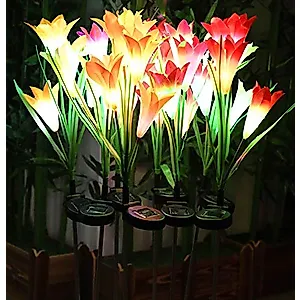 Solar Flower Lights Outdoor Waterproof, BOOTOP 4 Pack Solar Garden Stake Lights with 16 Lily Flowers, Solar Flowers, Solar Lily Flower Lights for Garden Yard Pathway Decoration