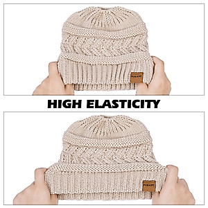 Pukavt 1 Pack Winter Hat Ponytail Beanie Hat for Women, Soft Stretch Cable Knit Messy Bun Beeanie,Trendy and Warm Beige