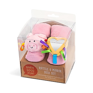 DEMDACO Pig Pink 3-6 Months Baby Rattle and Mirror Activity Sock Set