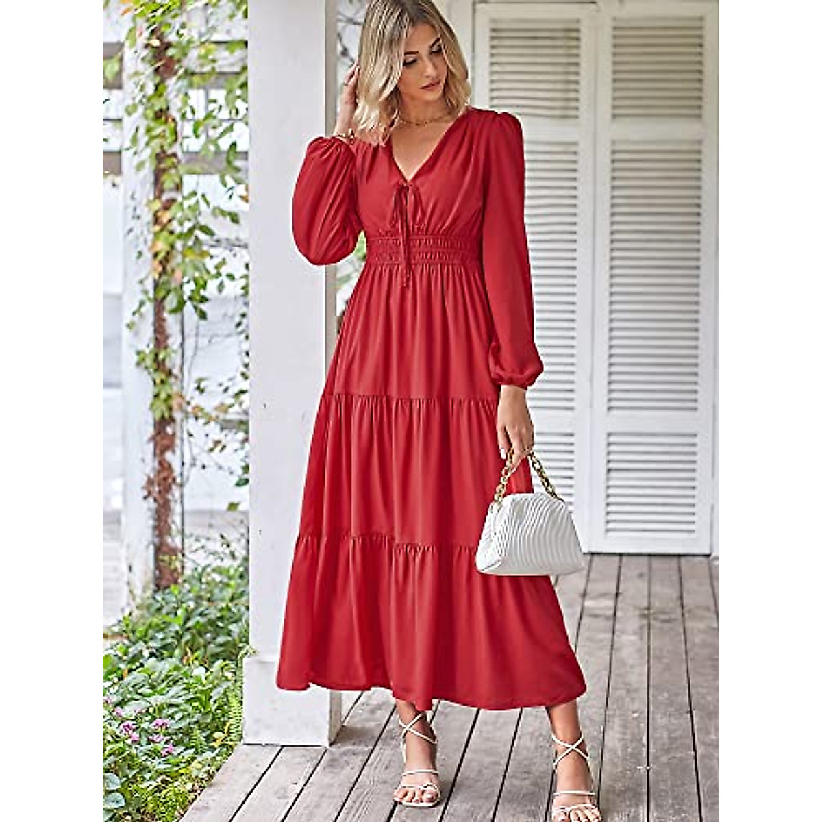 ZAFUL Women Casual V Neck Long Dress Tie Neck Solid Color High Waist Tiered Ruffle Hem A Line Swing Maxi Dresses (1-Wine, M)