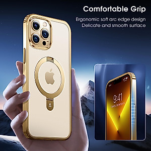 Alphex Invisible Stand Magnetic Case for iPhone 13 Pro, Official Color Match for iPhone, Compatible with MagSafe, Military Grade Shockproof Phone Cover Ring Holder Women 6.1 inch, Gold