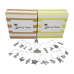 Palm City Products Travel & Animal Themed Wine Charm Gift Set with 20 Beautiful Wine Charms
