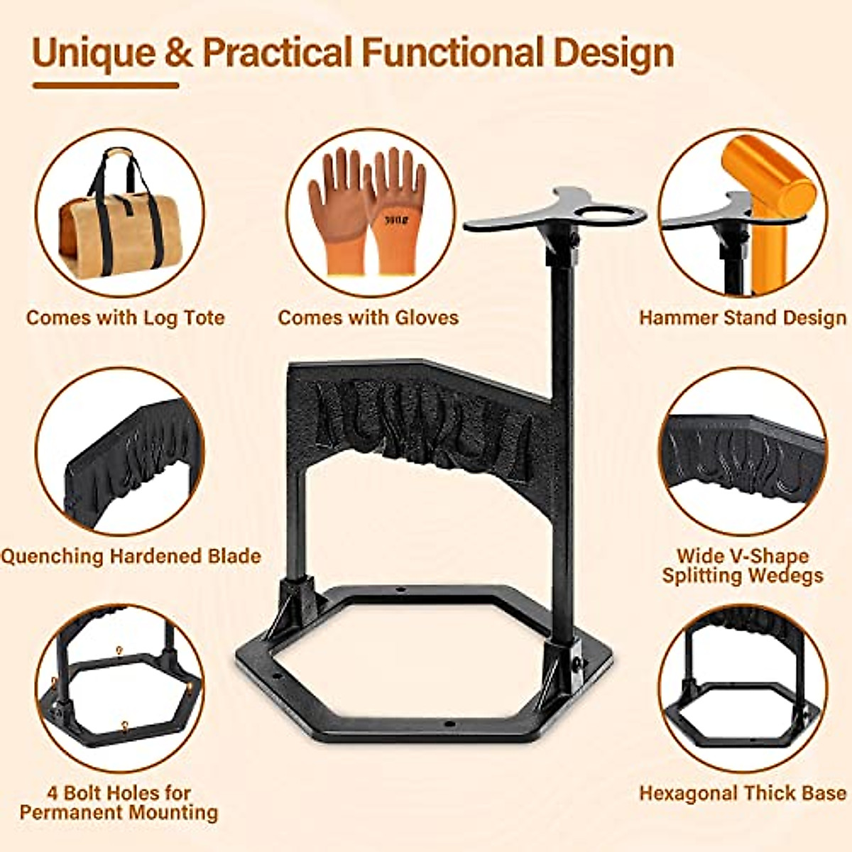 Firewood Kindling Splitter, XXL Upgraded Patented Manual Log Splitter Wedge, Open Top Ring Design, Could Accomodate Larger Logs, 15.8'' Tall Heavy Duty Wood Cracker with Firewood Tote Bag & Gloves
