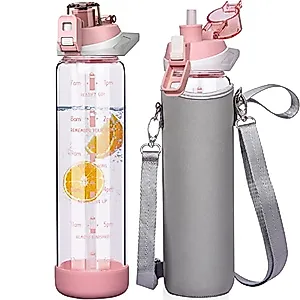 Seekua 32 oz Sports Glass Water Bottle with Straw and Time Marker, Large Resuable Motivational Glass Drinking Bottle for Infused Water, Fruit, Smoothie, Coffee