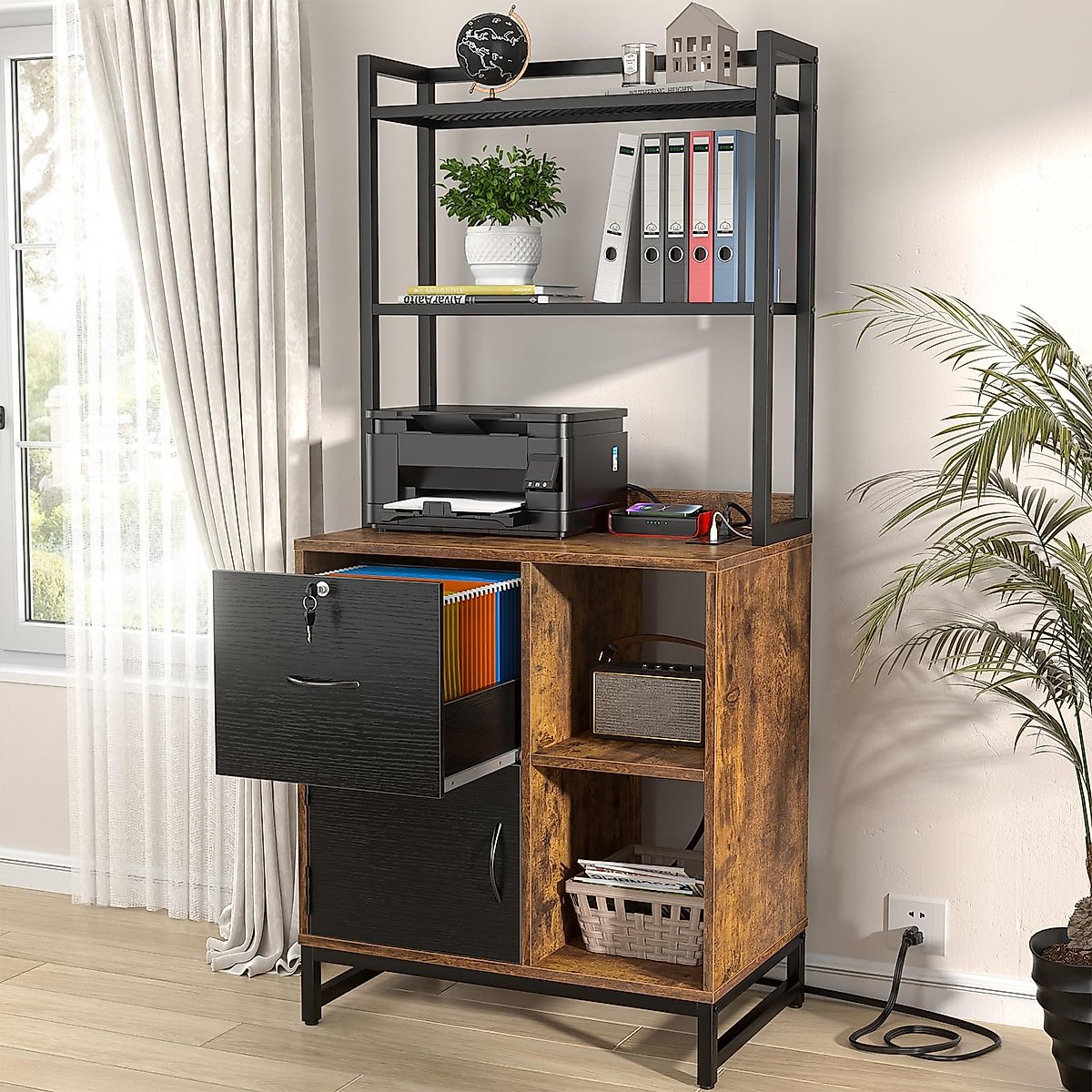 Homieasy Vertical Filing Cabinet with Lock & Charging Station, Large Drawer Wood File Cabinet with Bookshelf, Printer Stand with Open Storage Shelf, fits Letter Size for Home Office, Black and Rustic