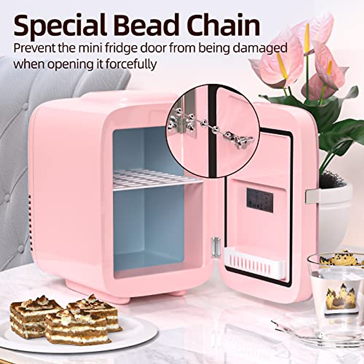 SPECILITE Mini Fridge for Skin Care, Portable Beauty Fridge with Eraser Board Door and Bead Chain(4 Liter/6 Can) Cooler and Warmer, Personal AC/DC Refrigerator for Makeup, Food, Travel, Pink