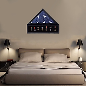 Zmiky Veteran Burial Flag Display Case American Flag Solid Wood Display Case Fits a 5 X 9.5 Flag Folded Military Shadow Box with Felt Lining Holder for Pins Insignia Medals, Black