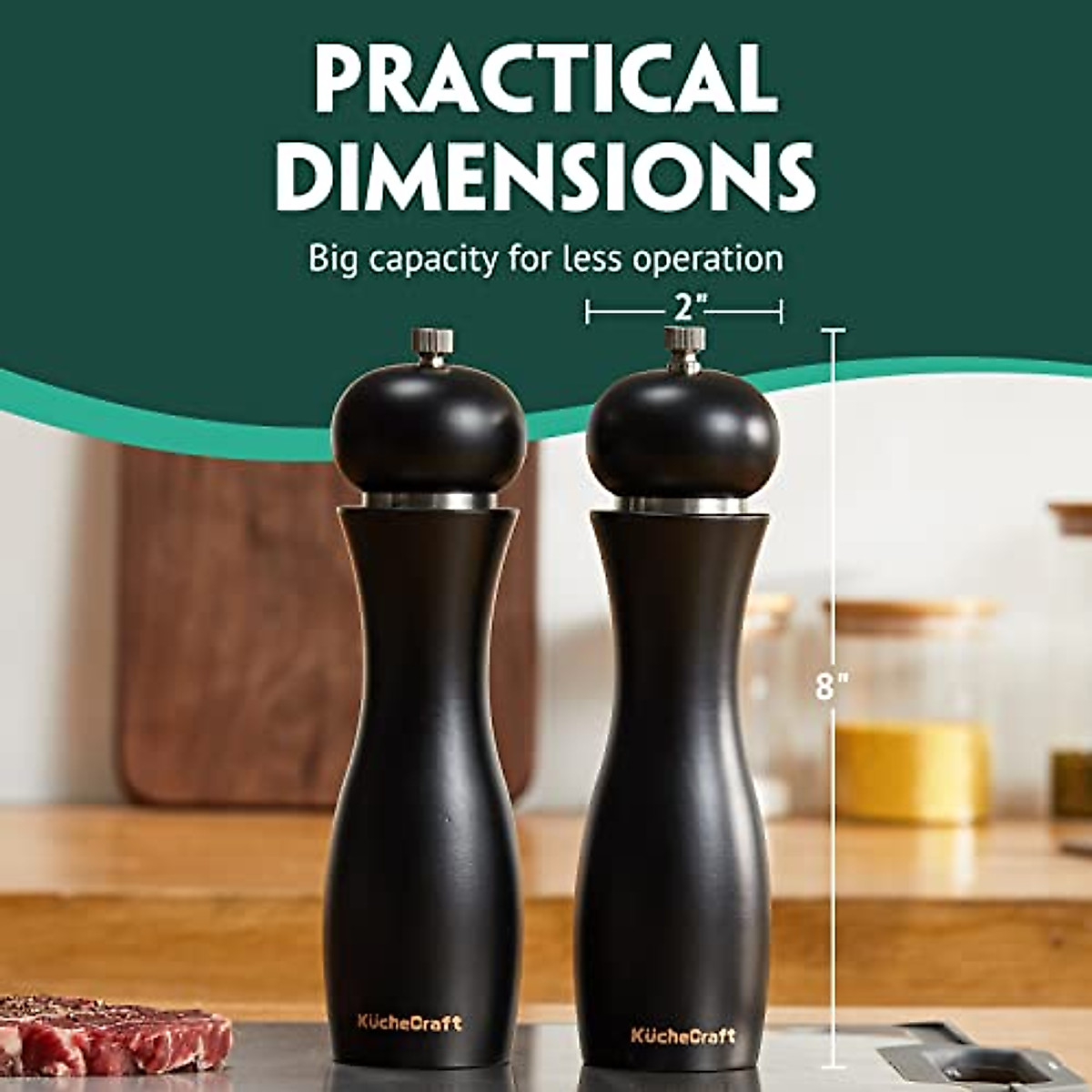 KucheCraft Wooden Pepper Grinder Refillable - Premium Beech Wood Pepper Mill Grinder with Adjustable Ceramic Grinder - 8 In Manual Matte Black Peppermill
