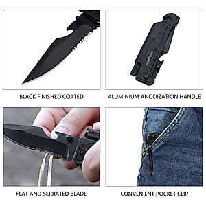 ALBATROSS 6-in-1 Survival Tactical Military Folding Pocket Knives with LED Light,Seatbelt Cutter,Glass Breaker,Magnesium Fire Starter,Bottle Opener;Multi-Function Emergency Tool(Black)