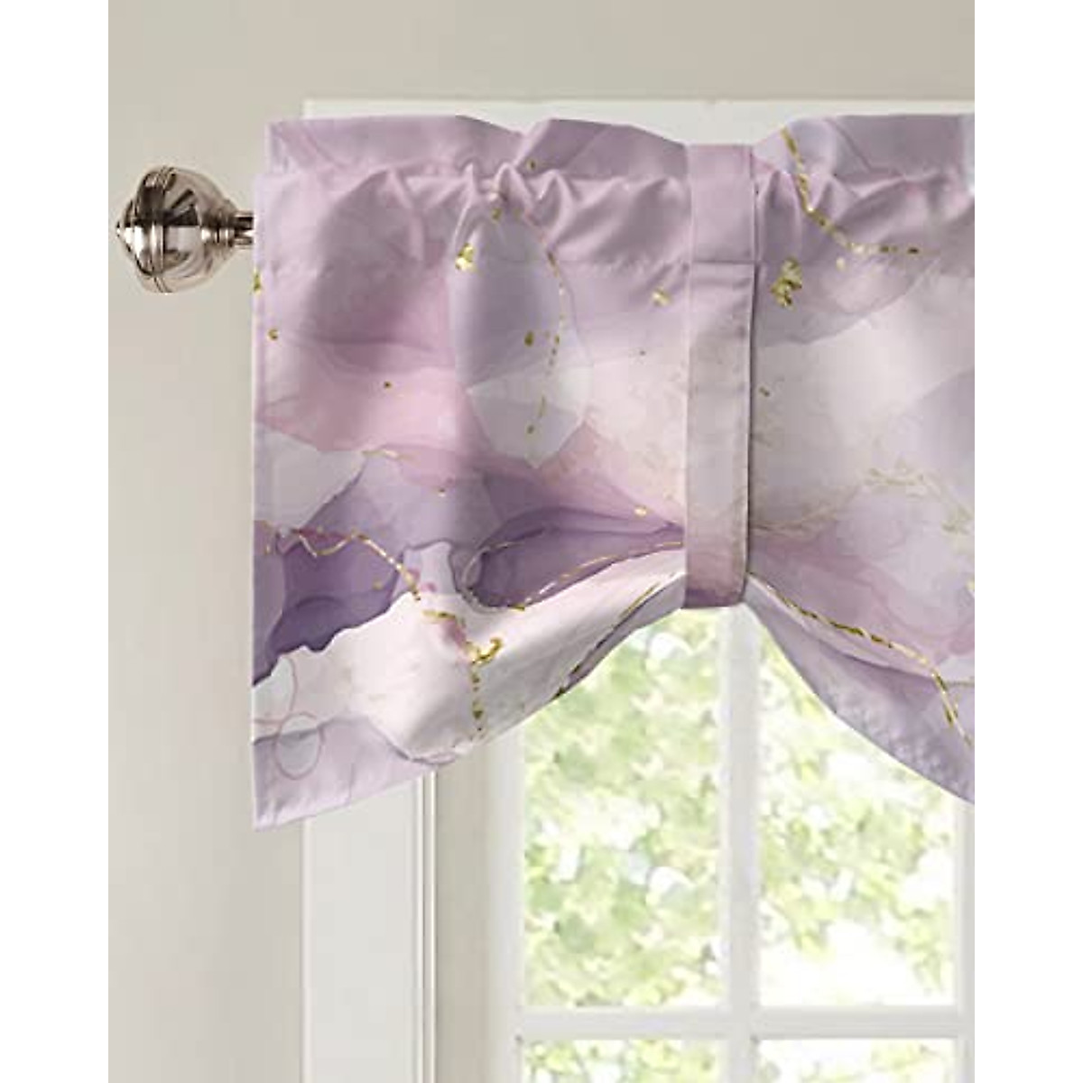 Tie Up Valance for Kitchen Windows, Abstract Marble Agate Texture Tie-up Curtain Shade Valances 42"x12" Rod Pocket Short Curtains Window Treatment for Living Room Pastel Theme Pink Purple White Gold