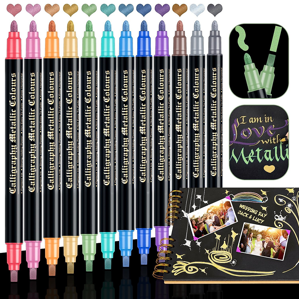 DAPAWIN Metallic Markers for Scrapbooking: 12 Scrapbook Markers, Scrapbook Metallic Pens for Black Paper, Rock, DIY Card Decorative, Wedding, Graduation Scrapbook Supplies, Dual Tips Scrapbooking Pens