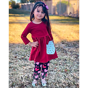 fioukiay Girls Valentine's Day Clothes Outfit Toddler Girl Ruffle Love Heart Top with Trim Legging Set (Wine Heart, 7-8 Years)