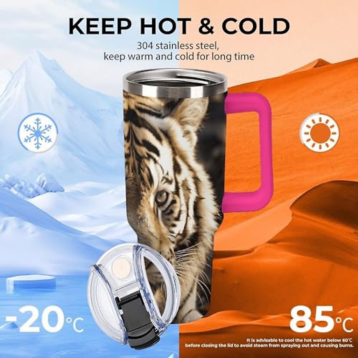 LLUTSNTH 40 Oz Vacuum Tumbler with Light Rose Red Handle Leakproof Insulated Tumbler Animal Tiger Stainless Steel Travel Mug with Lid And Straw Coffee Cup Cute Water Bottles Cup Holder Friendly