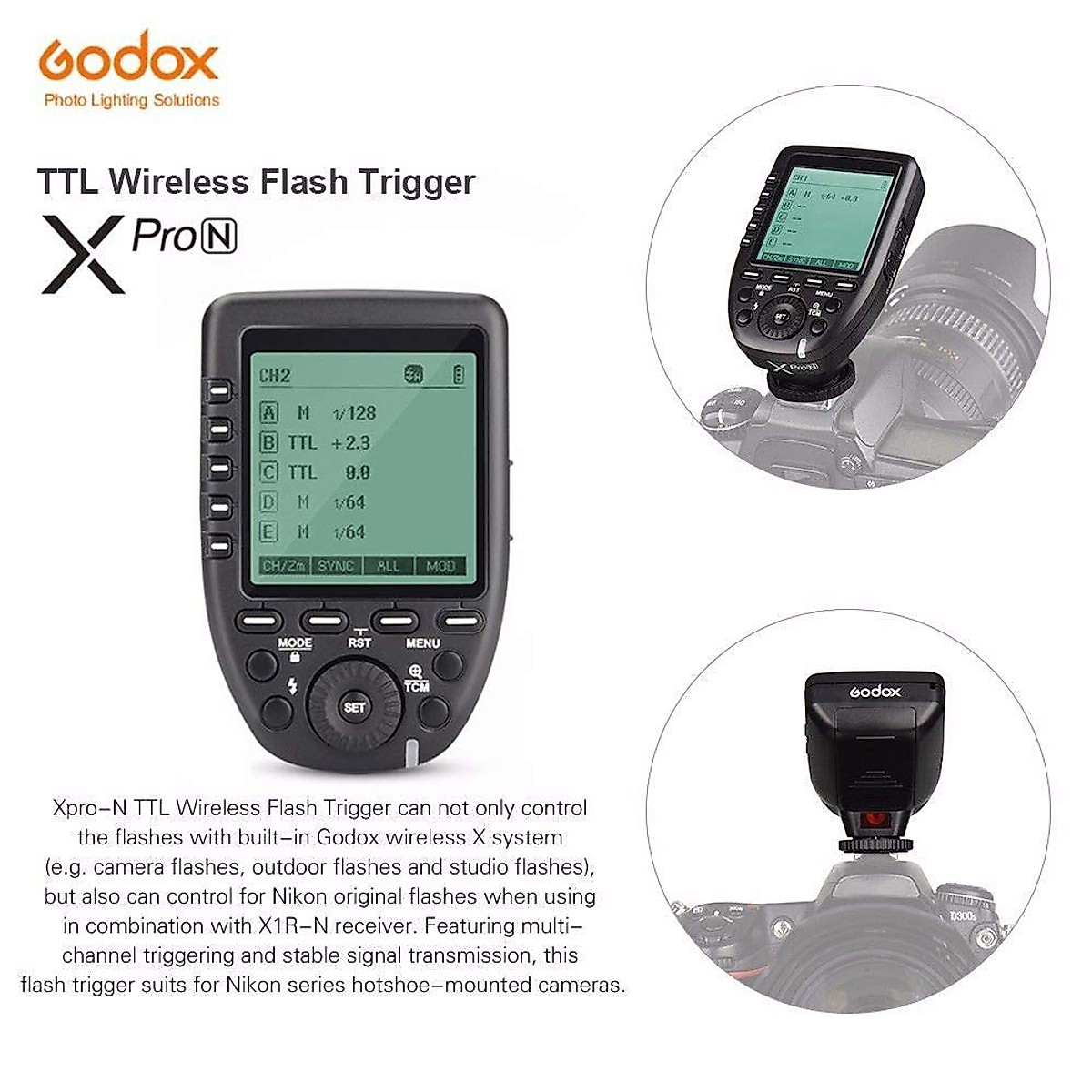 Godox Camera Flash Trigger Xpro-N for Nikon Wireless Remote 2.4GHz 1/8000s HSS TTL-Convert-Manual Large Screen Design Customizable Functions