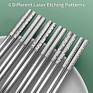 6 Pairs Reusable Metal Chopsticks Stainless Steel Chopsticks Dishwasher Safe Laser Etched Square Non-slip Chop Sticks Korean Japanese Chinese Stainless Steel Metal Chopsticks (Matte Silver, 9.2in)