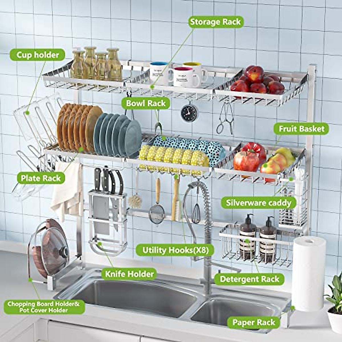 1Easylife Over The Sink Dish Drying Rack 3 Tier Stainless Steel Large Kitchen Rack Dish Drainers for Home Kitchen Counter Storage, Shelf with Utensil Holder, Above Sink Shelves (silver1)