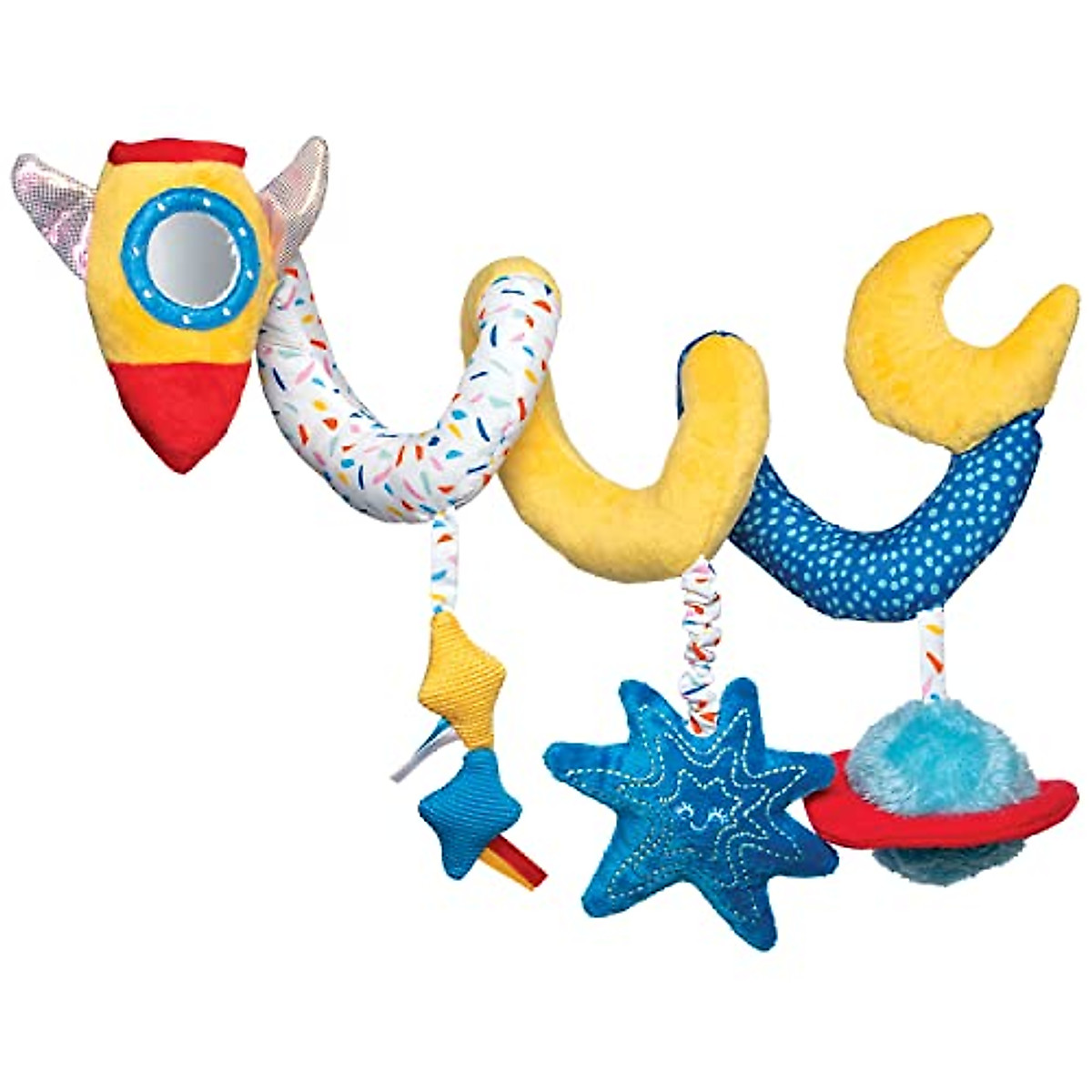 Manhattan Toy Space Themed Rocket Soft Baby Travel Spiral with Baby-Safe Mirror, Elastic Pull Cord & Rattle Chime