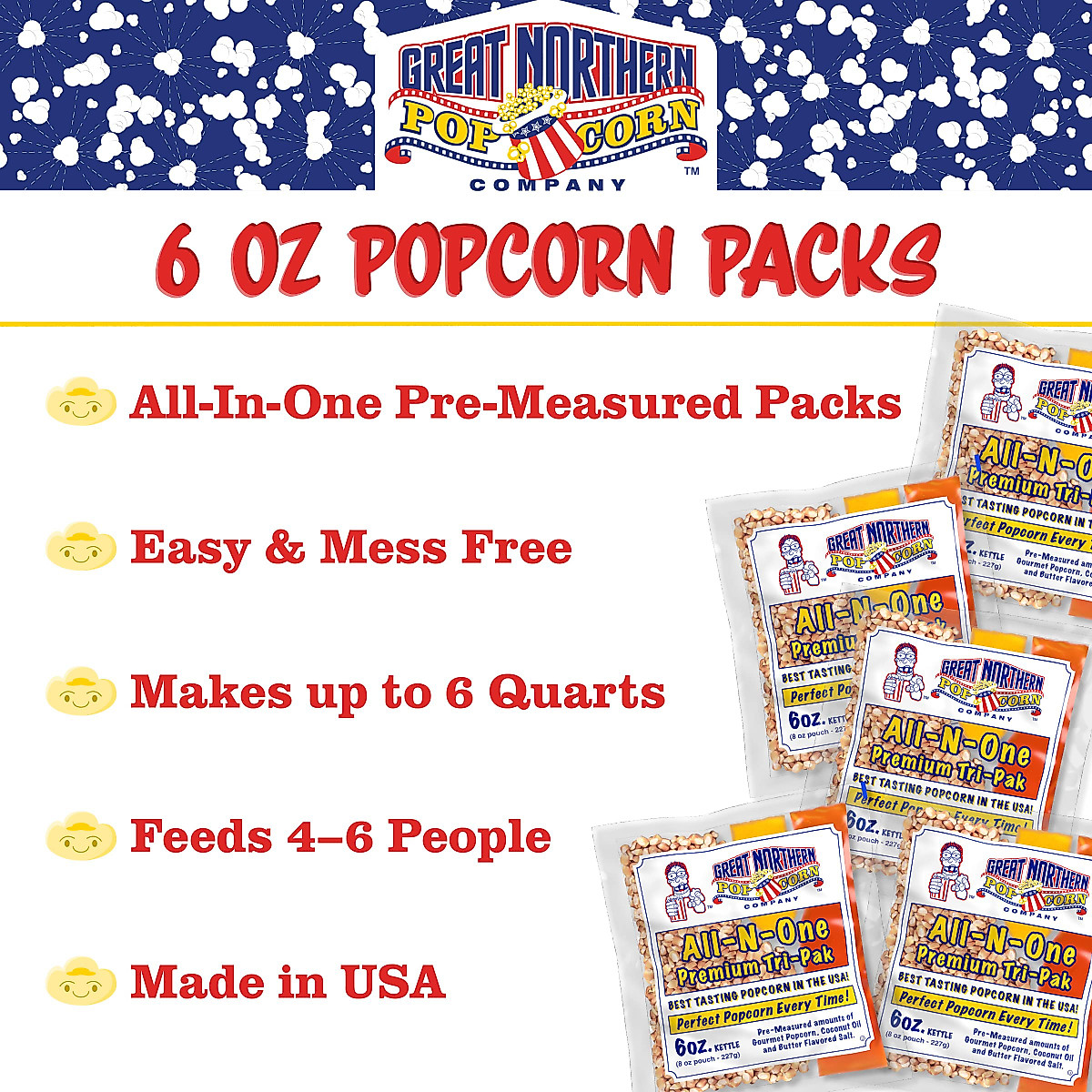 6 oz Popcorn Packs – Pre-Measured, Movie Theater Style, All-in-One Kernel, Salt, Oil Packets for Popcorn Machines by Great Northern Popcorn (40 Case)