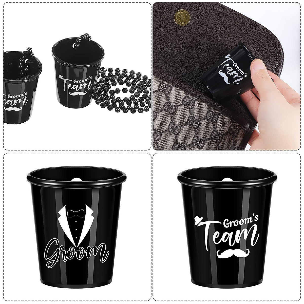 20 Pack Bachelor Shot Glass Necklace Bulk Groom Team Shot Cups with Beaded Necklace Bachelorette Bridal Shower Party Favors Supplies Wedding Proposal Gifts for Men Groomsman, Black