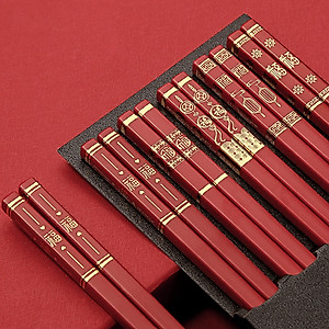 5 Pairs Chopsticks Reusable, 24cm/9.45inch Premium Japanese Chinese Non-slip Fiberglass Chopsticks Dishwasher Safe, Lightweight Chopsticks for Party Family Hotel, Red