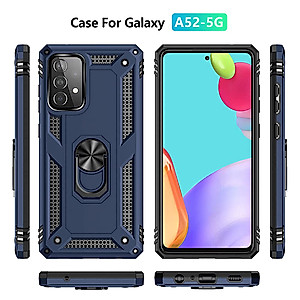 for Samsung A52 Case, Galaxy A52 Case with HD Screen Protector, Military-Grade Ring Holder Kickstand Car Mount 15ft Drop Tested Shockproof Cover Phone Case for Samsung Galaxy A52, Blue